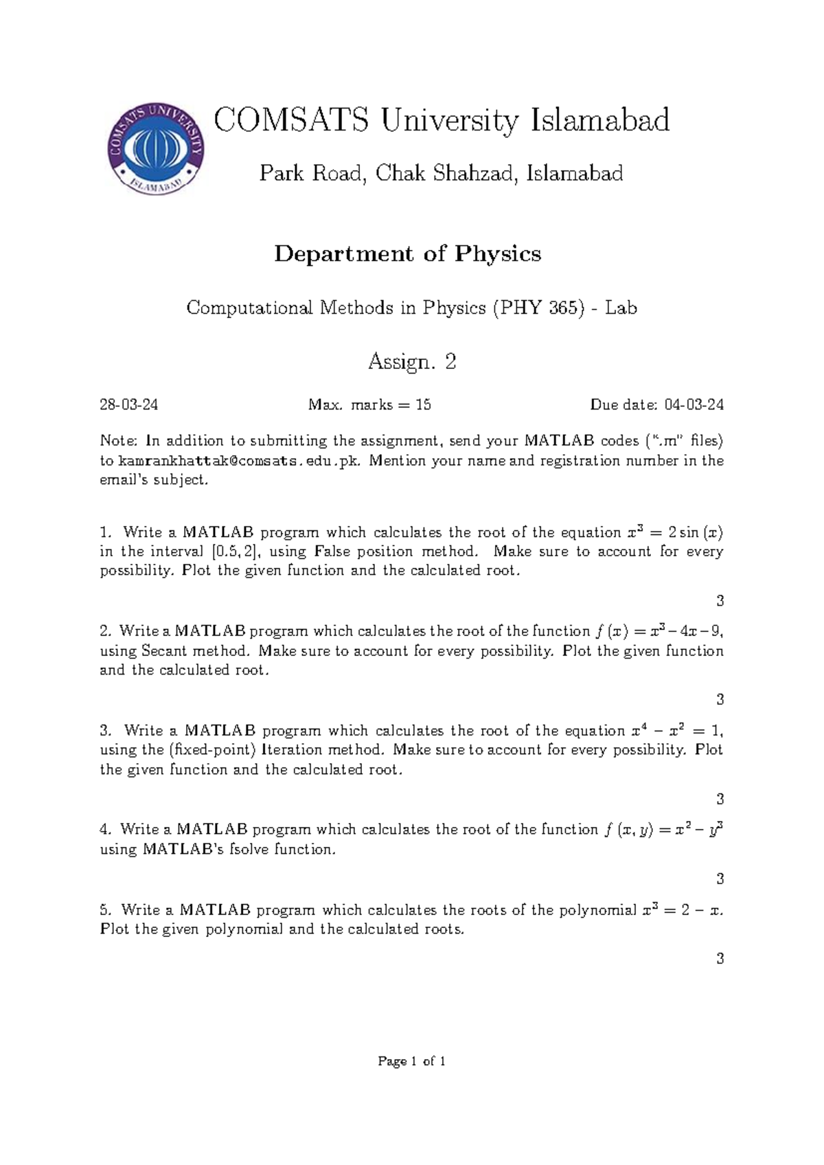 Assign 2 - lab tasks - COMSATS University Islamabad Park Road, Chak ...