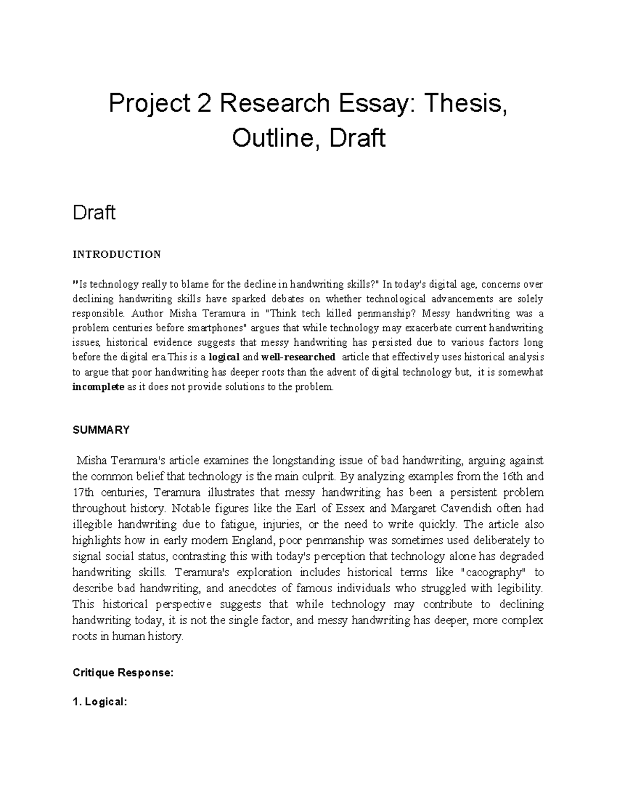 Project 2 draft , surender kaur - Project 2 Research Essay: Thesis ...