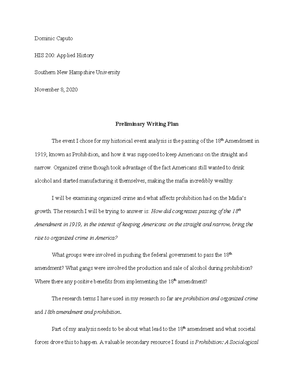 Writing Plan Progress Check 2 - Dominic Caputo HIS 200: Applied History ...