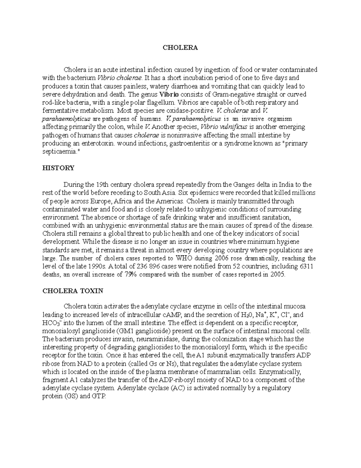 Cholera - Lecture notes 1-2 - CHOLERA Cholera is an acute intestinal ...