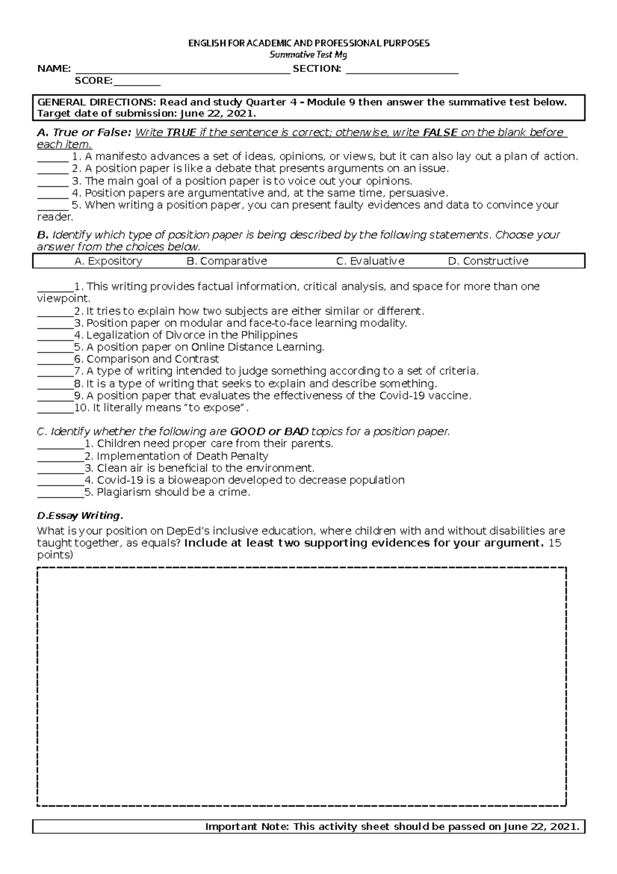 Eapp Summative Test Module 9 Module 11 ENGLISH FOR ACADEMIC AND
