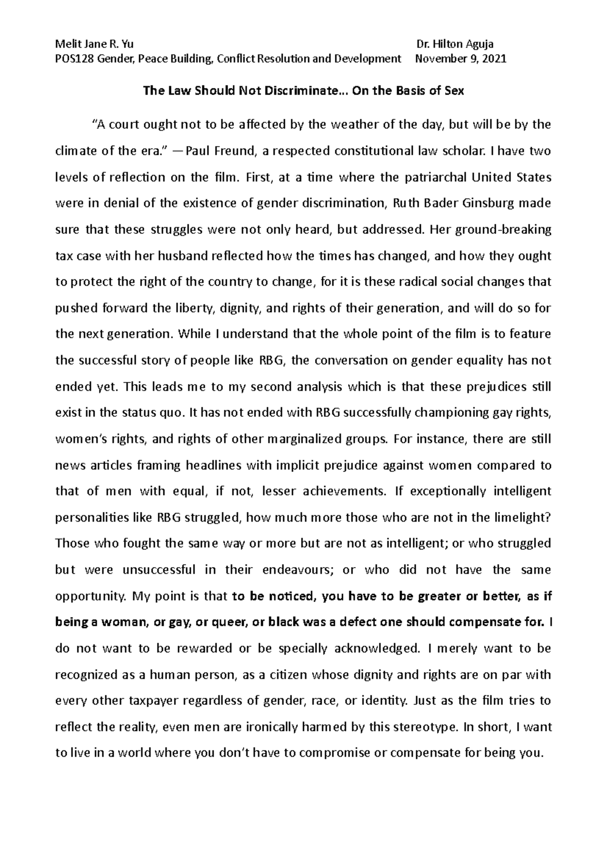 YU - On The Basis of Sex - essay on gender development - Melit Jane R ...