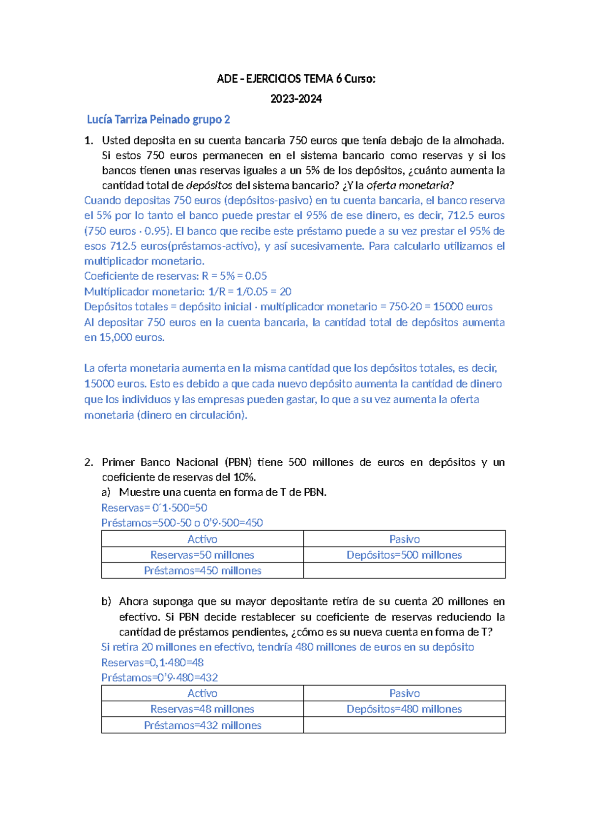Ejercicios tema 6 - ADE - EJERCICIOS TEMA 6 Curso: 2023- Lucía Tarriza Peinado grupo 2 Usted ...