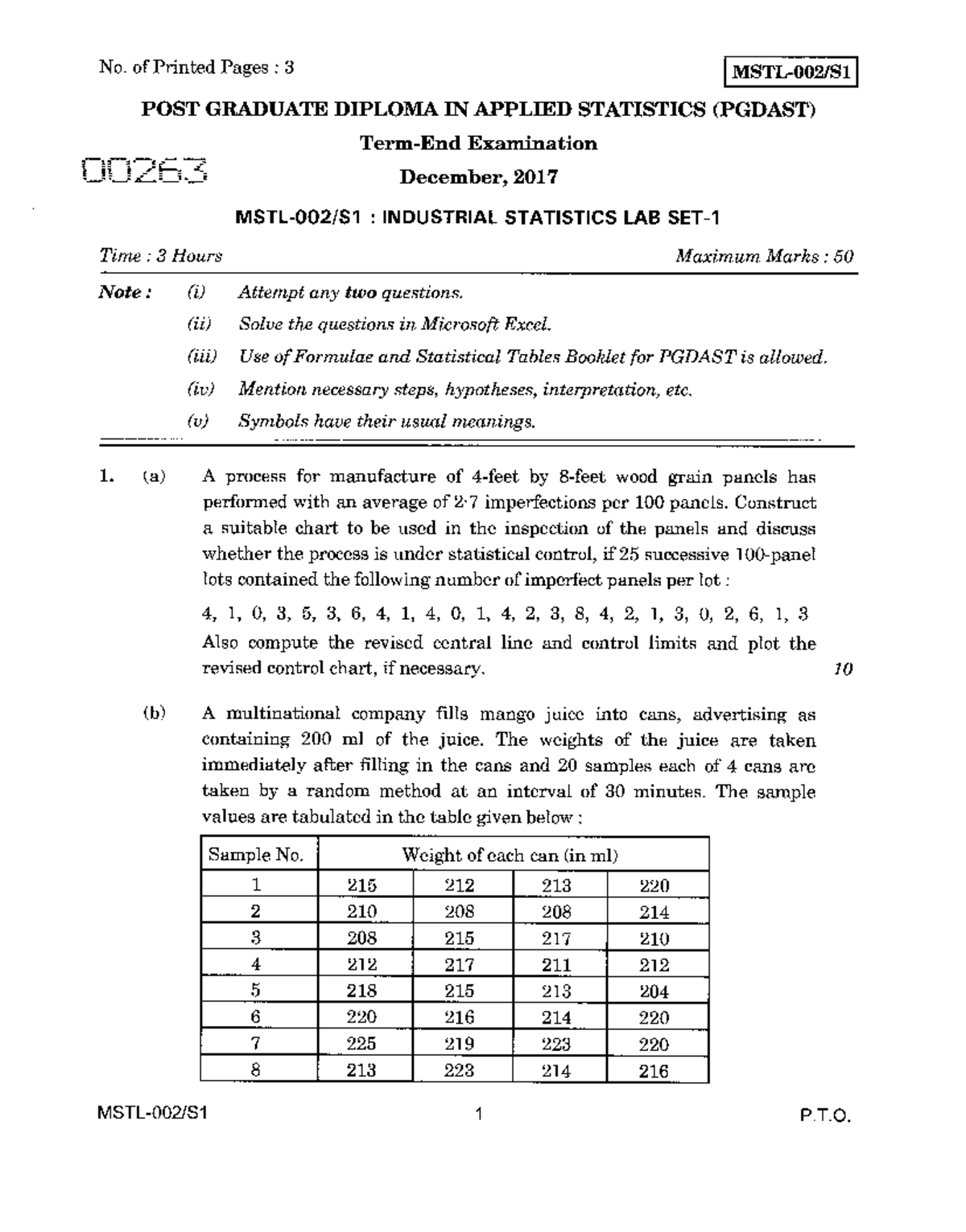 MSTL-002-S1 - Previous practical question paper - No. of Printed Pages ...