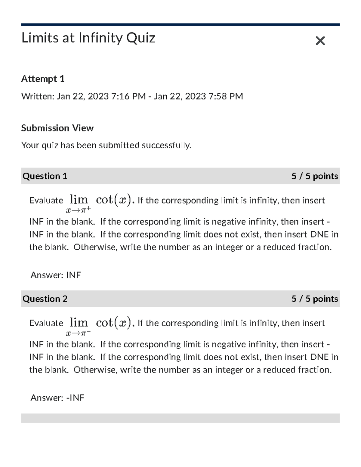 Limits at Infinity Quiz - If the corresponding limit is negative ...