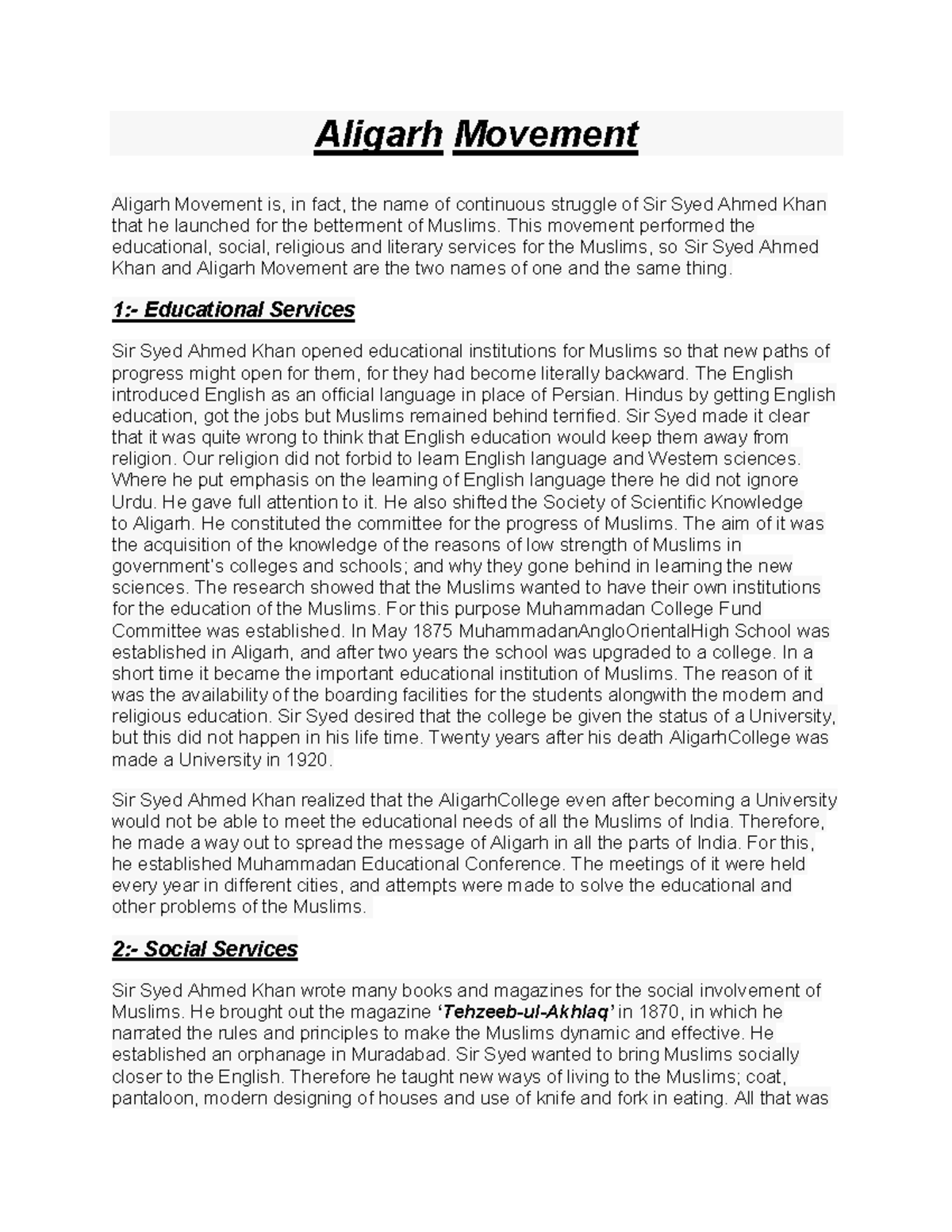 Aligarh Movement - Aligarh Movement Aligarh Movement is, in fact, the name of continuous ...