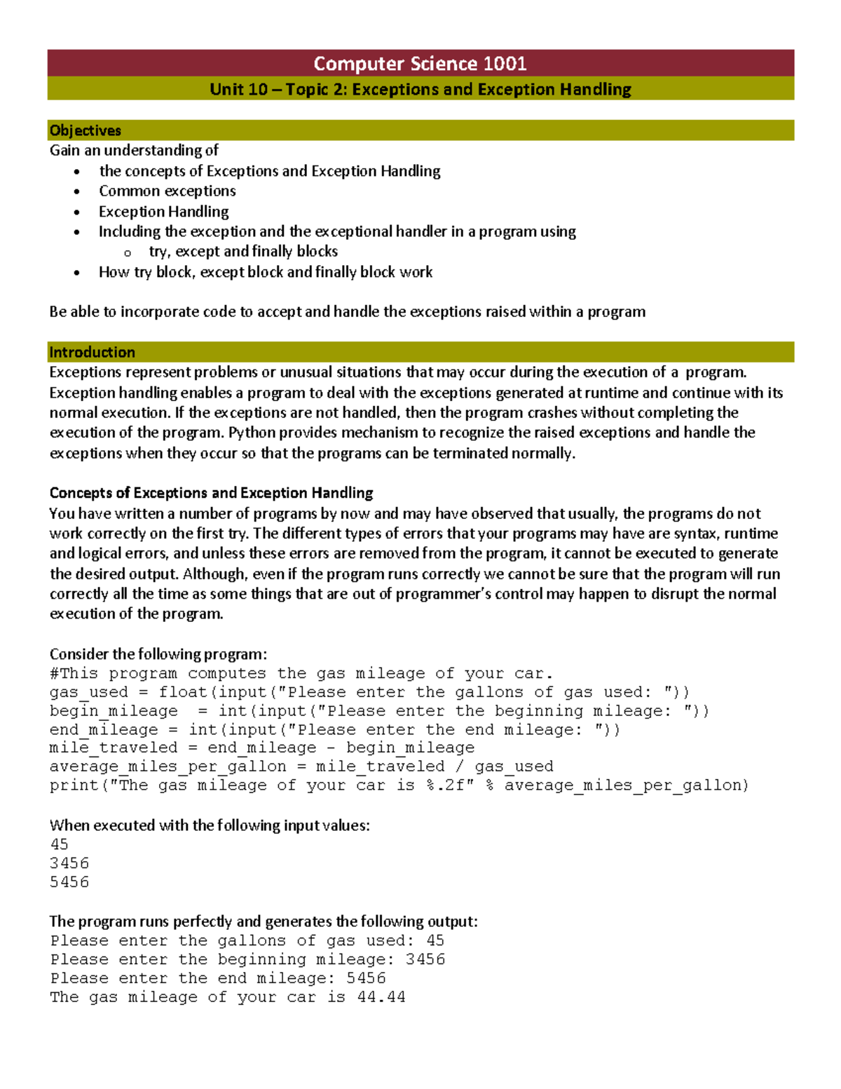 Topic 2 - Computer Science 1001 Unit 10 Topic 2: Exceptions and ...