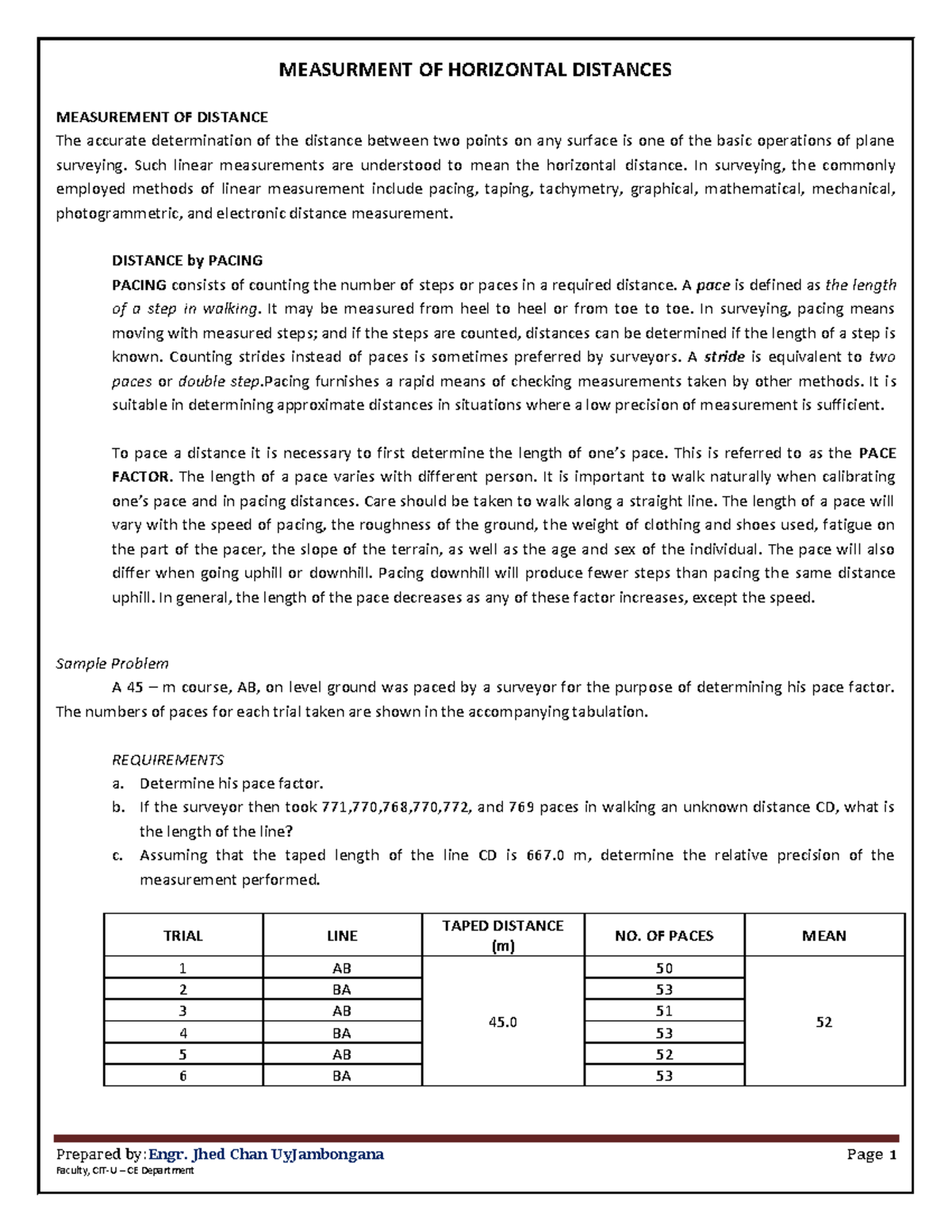 Topic 2 Measurment OF Horizontal Distances - Prepared by: Engr. Jhed ...