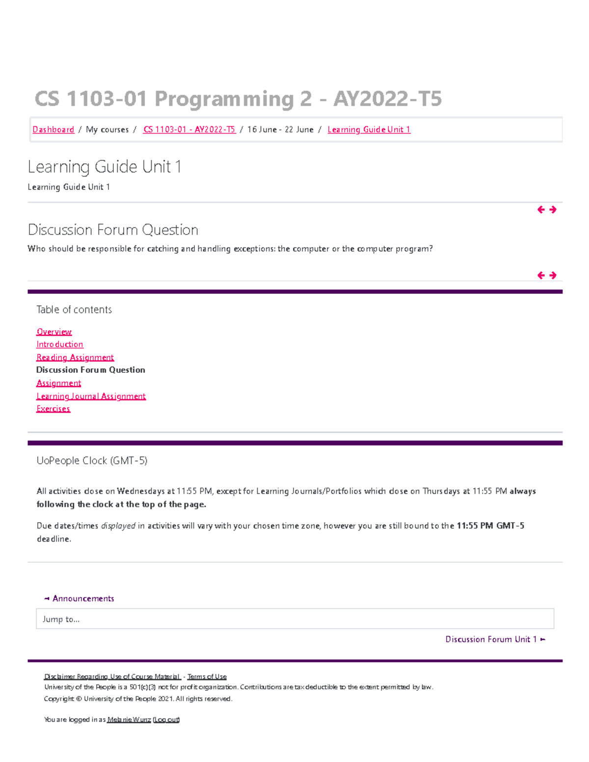 Learning Guide Unit 1 Discussion Forum Question - CS 1103-01 Programming 2 - AY2022-T Learning ...