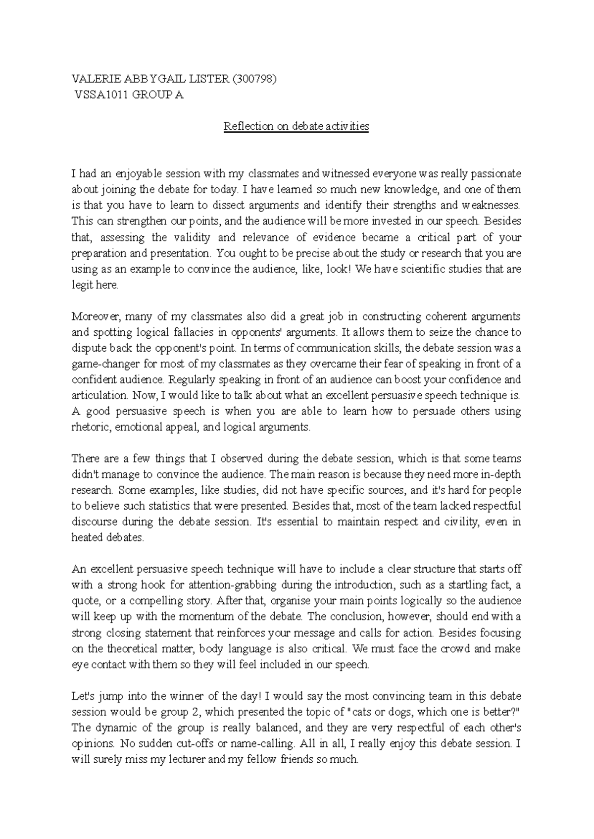 debate refelction - VALERIE ABBYGAIL LISTER (300798) VSSA1011 GROUP A ...