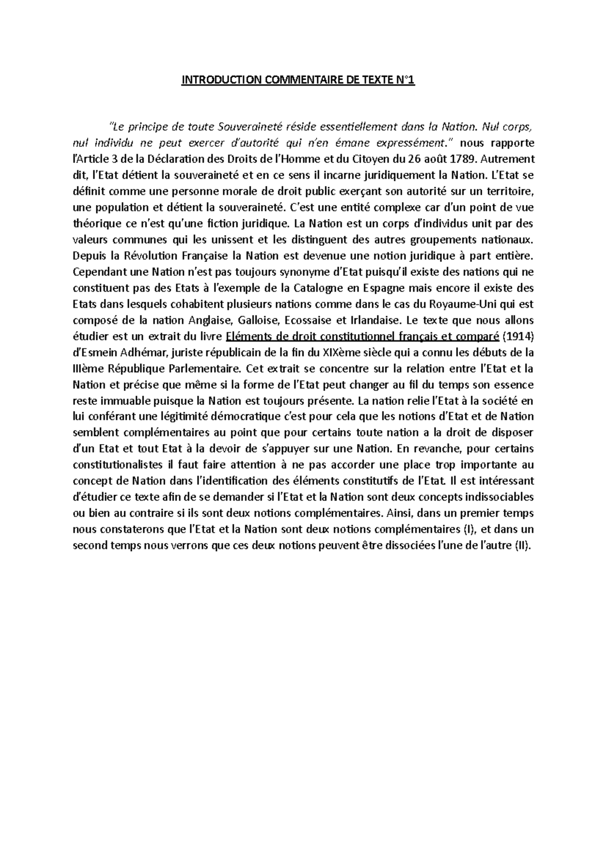 Introduction du commentaire de texte Esmein Adhémar L1 - INTRODUCTION ...