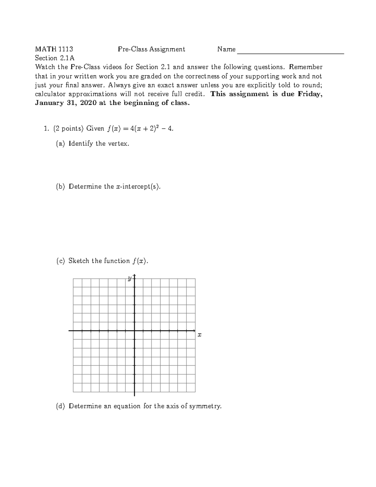 2.1A Preclass - Lecture notes 1-10 - MATH 1113 Pre-Class Assignment ...