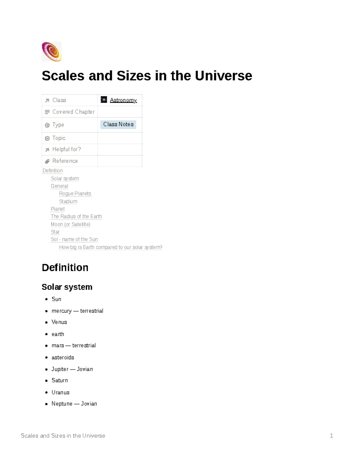 Scales and Sizes in the Universe - Studocu