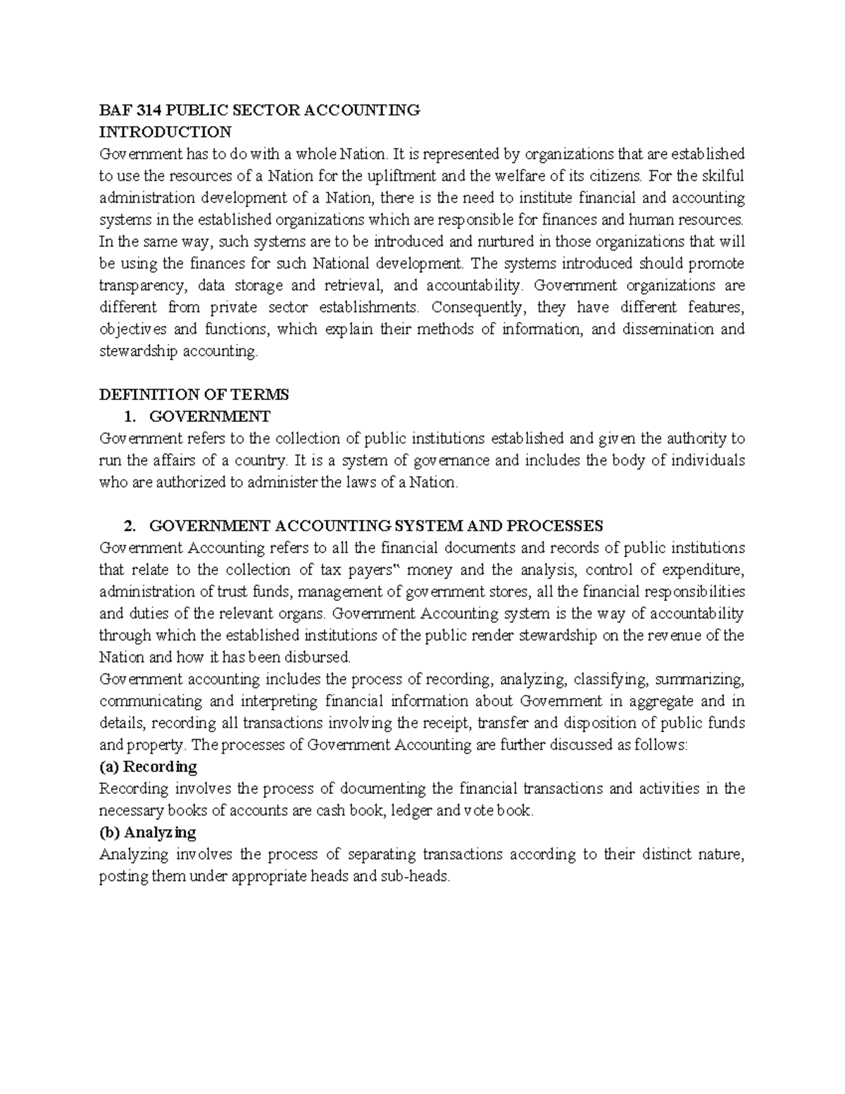 BAF 314 - Public Sector Accounting - Lesson I - Introduction NOTE I ...