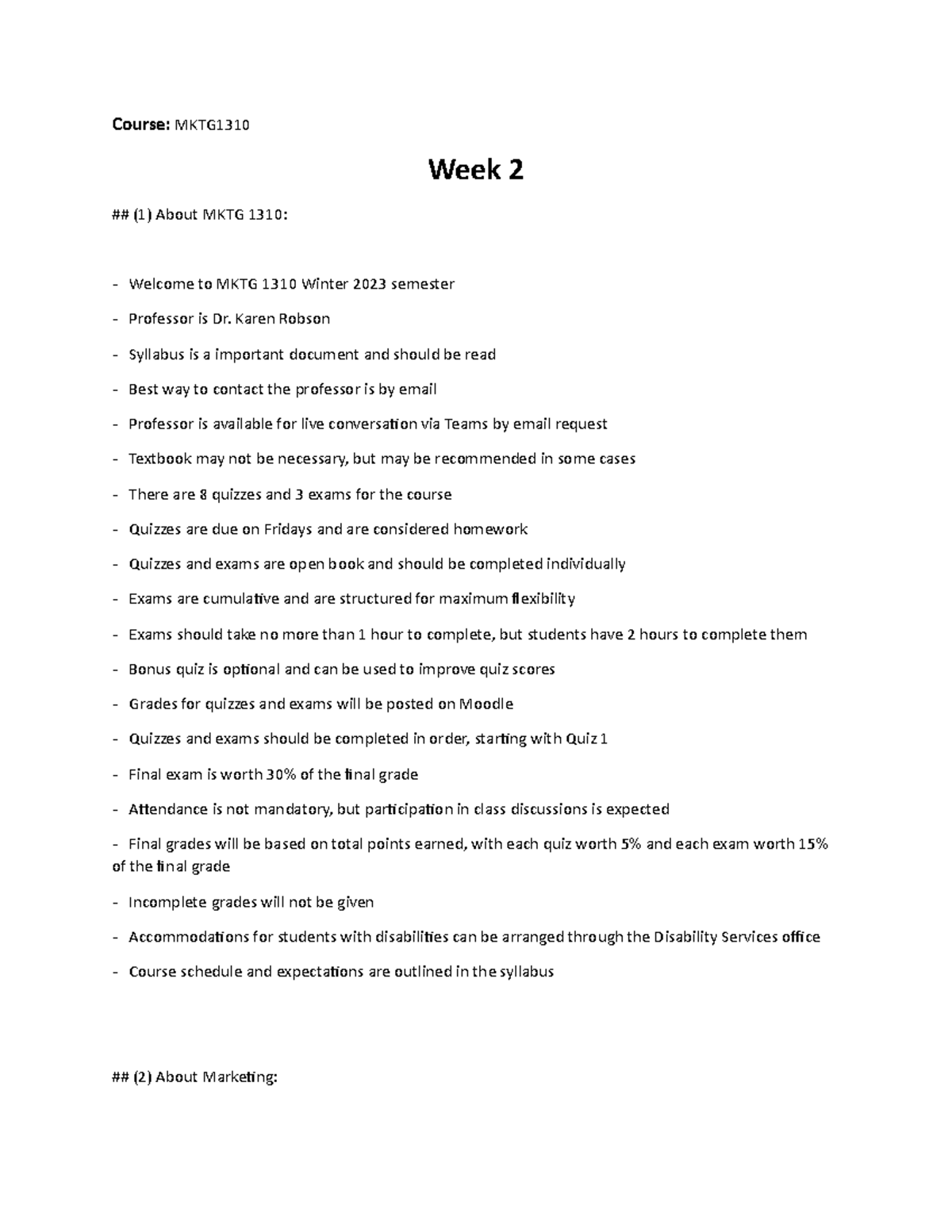 MKTG1310 Week 1 - Break down of the Week 1 notes in MKTG - Course: MKTG ...