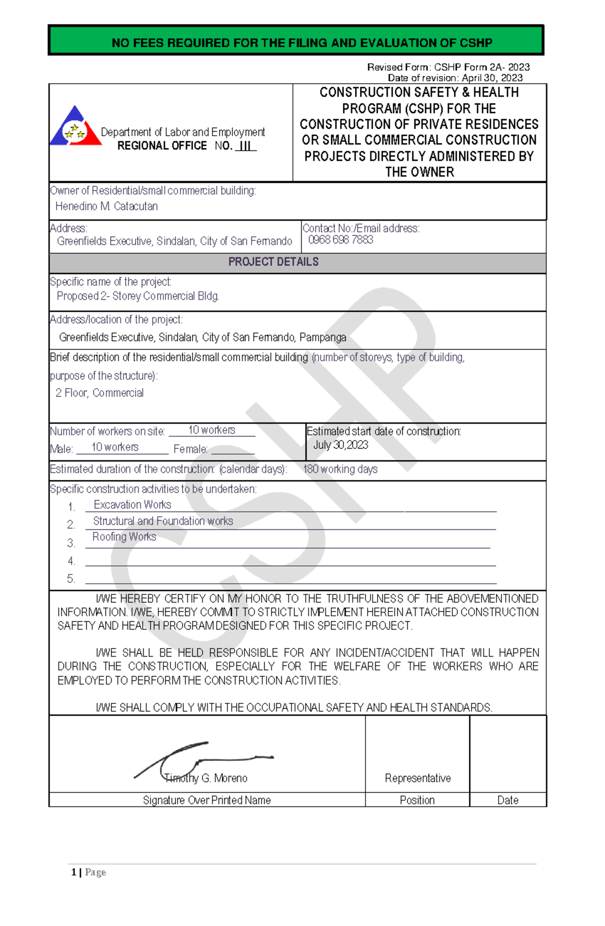 Edit - NO FEES REQUIRED FOR THE FILING AND EVALUATION OF CSHP Revised ...