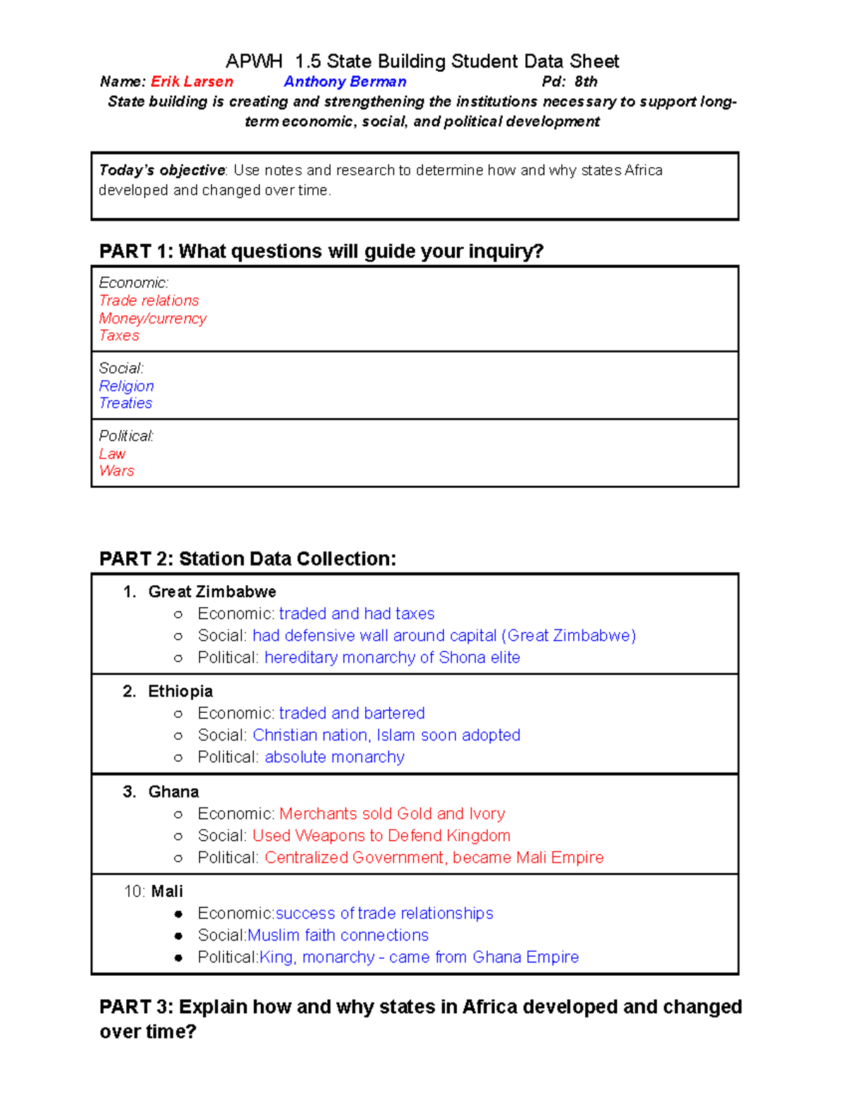 1.5 State Building - Student Data Sheet - Erik Larsen, Anthony Berman ...
