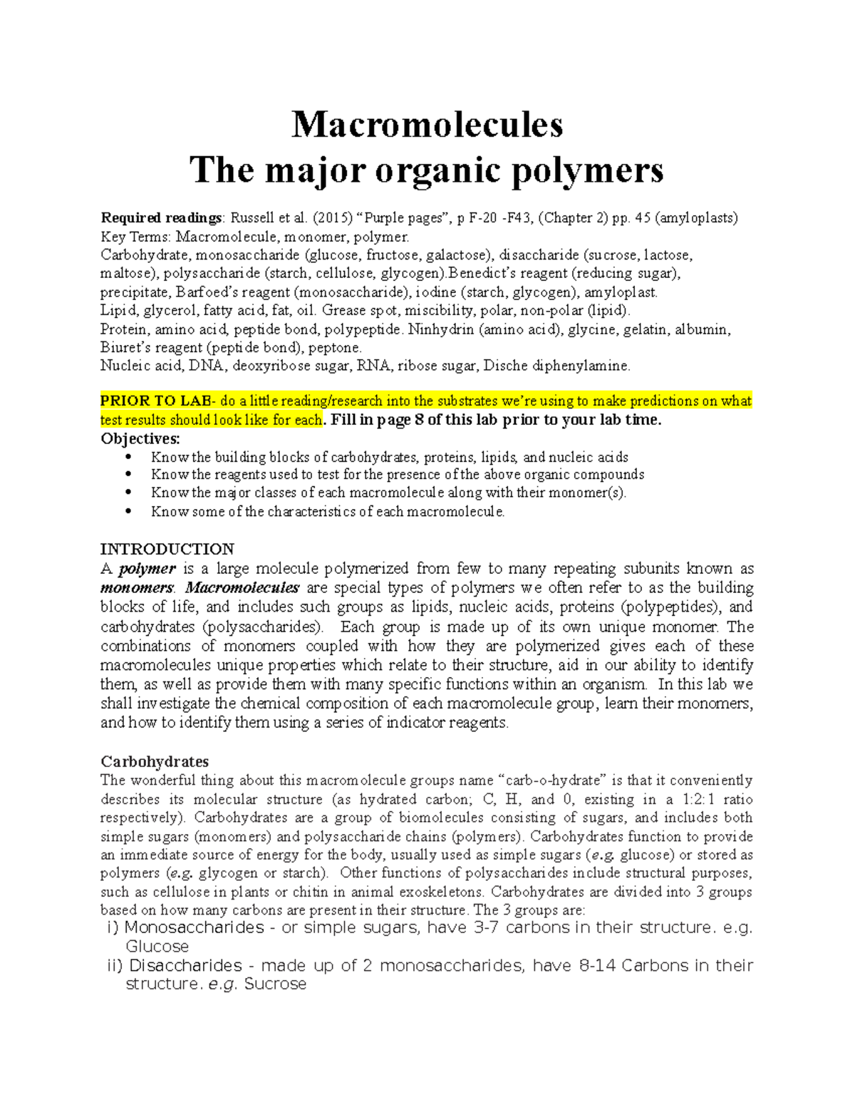 Lab 3 Answers - ... - Macromolecules The major organic polymers ...