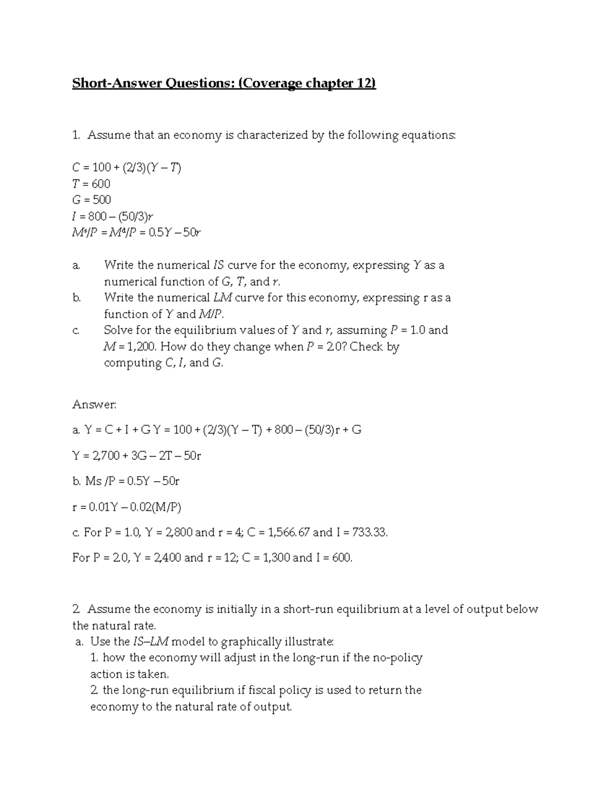 Sample Short Answer Questions solutions Ch 12 - Short-Answer Questions ...