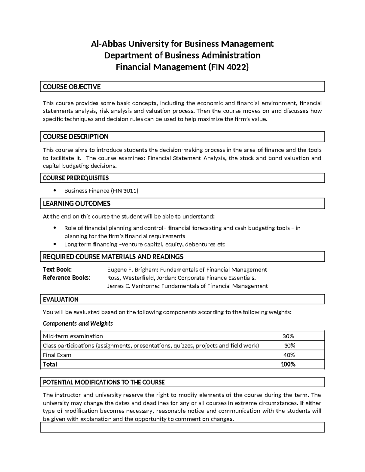 BBA- FM - Course Outline - Al-Abbas University for Business Management ...
