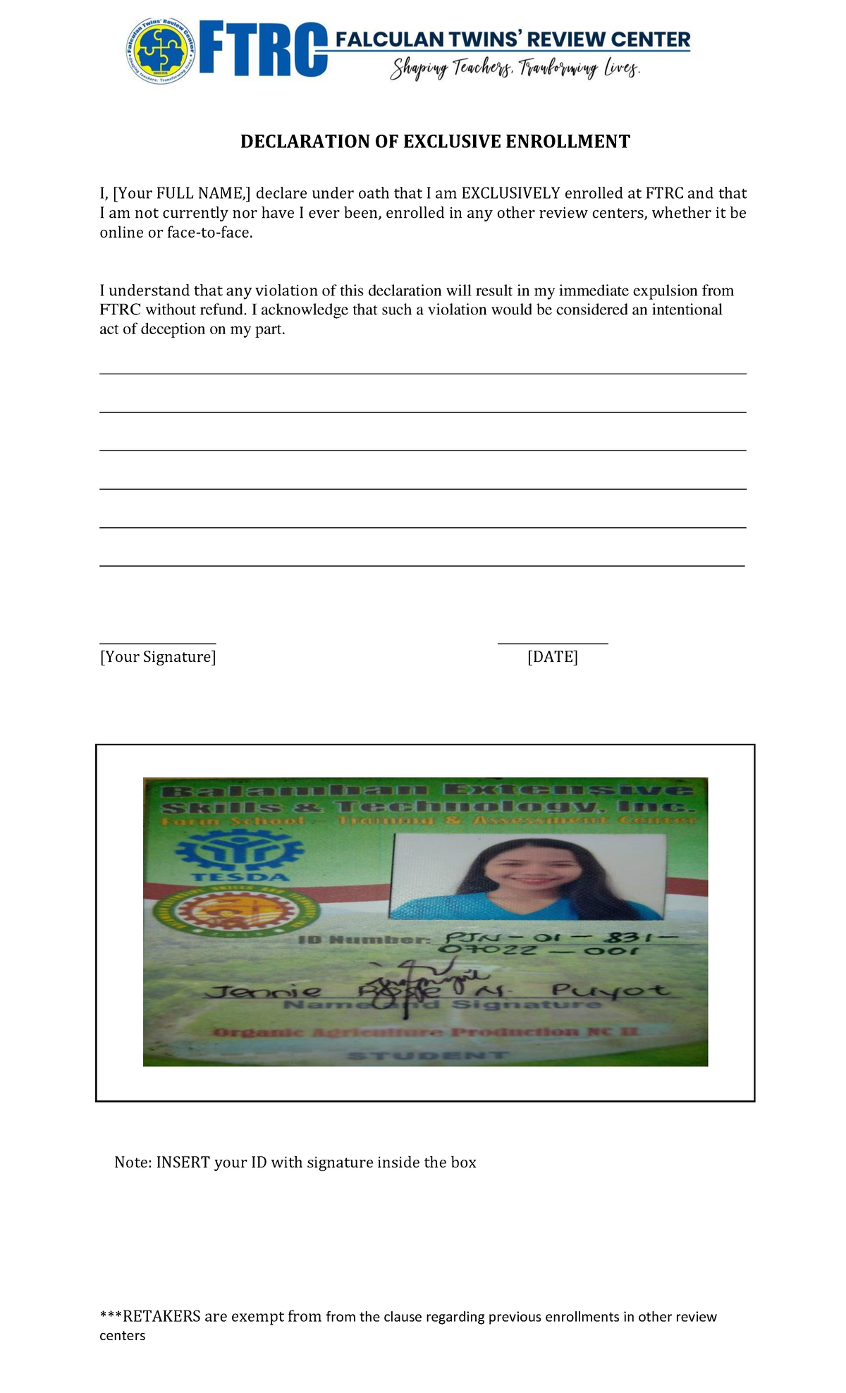 1-FTRC- Declaration-OF- Exclusive- Enrollment-Classmate 1 - ***RETAKERS ...