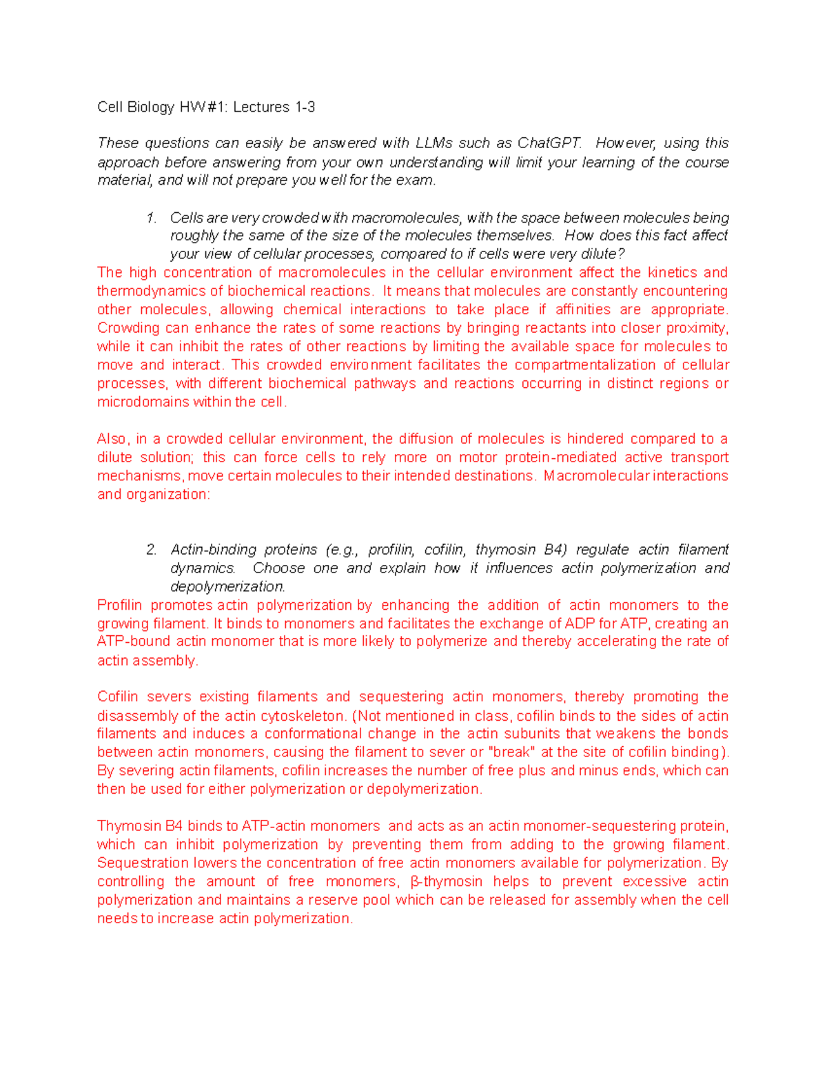 Cell Biology HW1 key - hmw 1 - Cell Biology HW #1: Lectures 1- 3 These ...