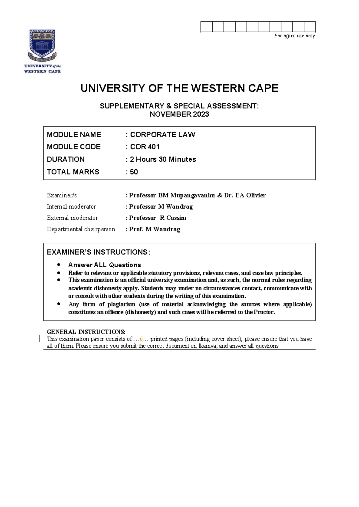 Supplementary Assessment COR 401 November 2023 RW - For office use only ...