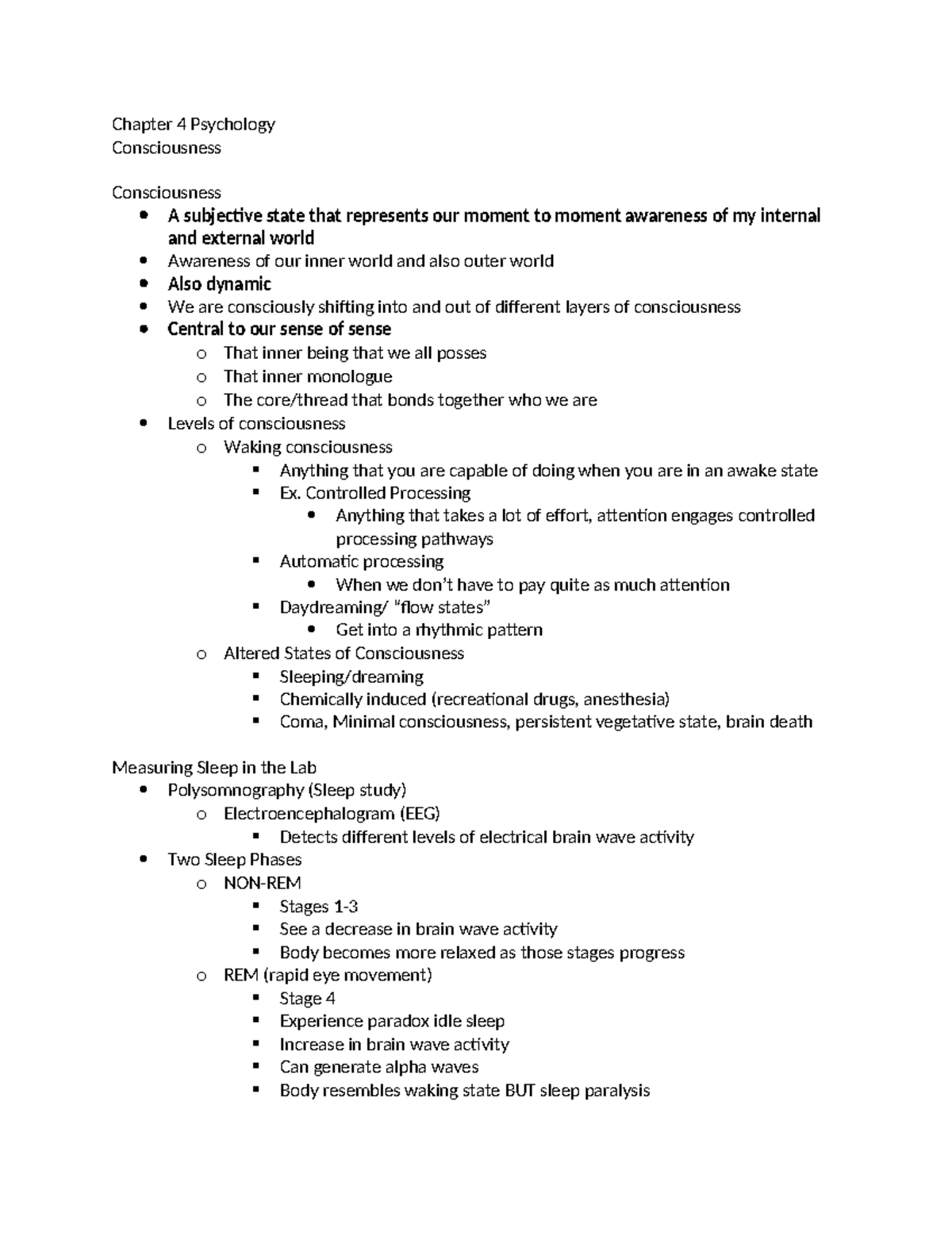Chapter 4 psychology - Chapter 4 Psychology Consciousness Consciousness ...