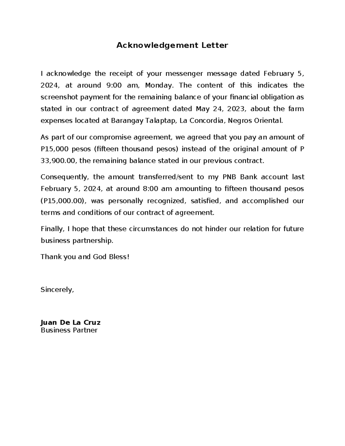 Acknowledgement Letter - The content of this indicates the screenshot ...