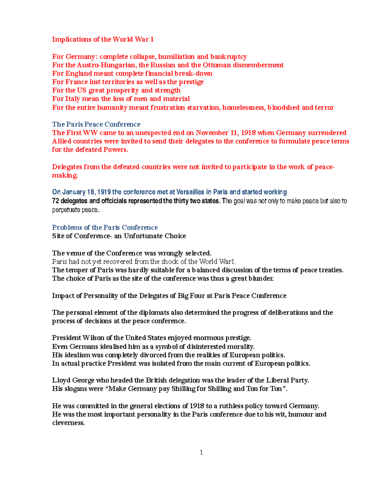Lec 7. Implications of the WW1 and causes of the WW 2 - Implications of ...