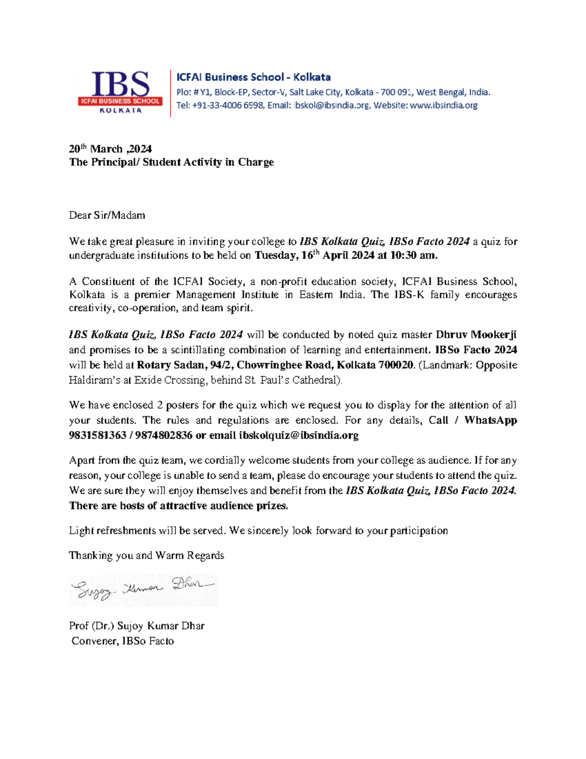 IBS Quiz Invitation 2024 - 20 th March , 2024 The Principal/ Student ...