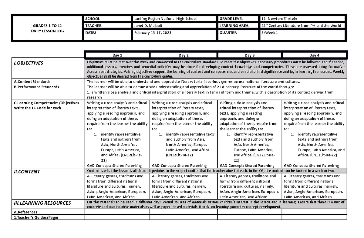 412825808 Week 1 21st CL - GRADES 1 TO 12 DAILY LESSON LOG SCHOOL ...