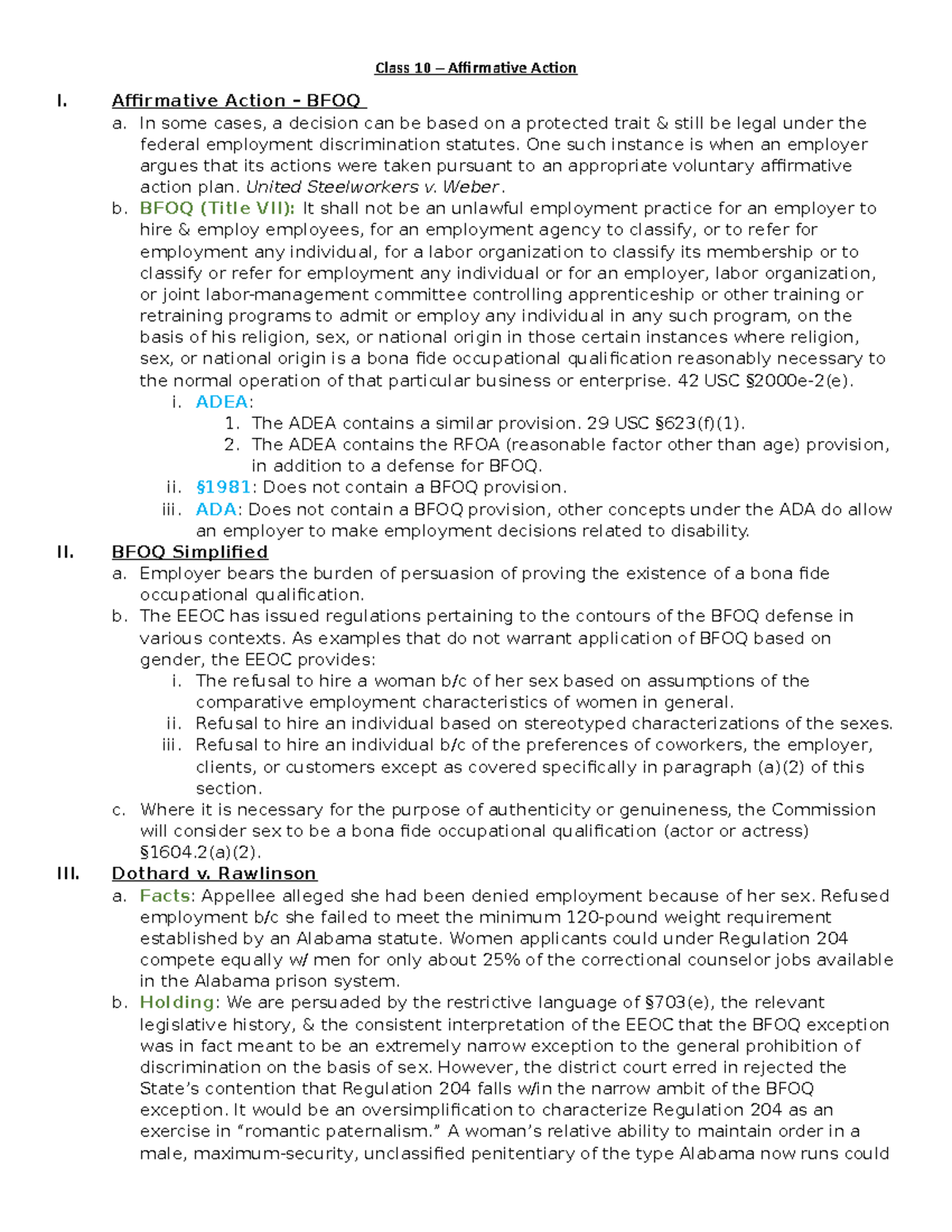 Class 10 - Class 10 – Affirmative Action I. Affirmative Action – BFOQ a ...