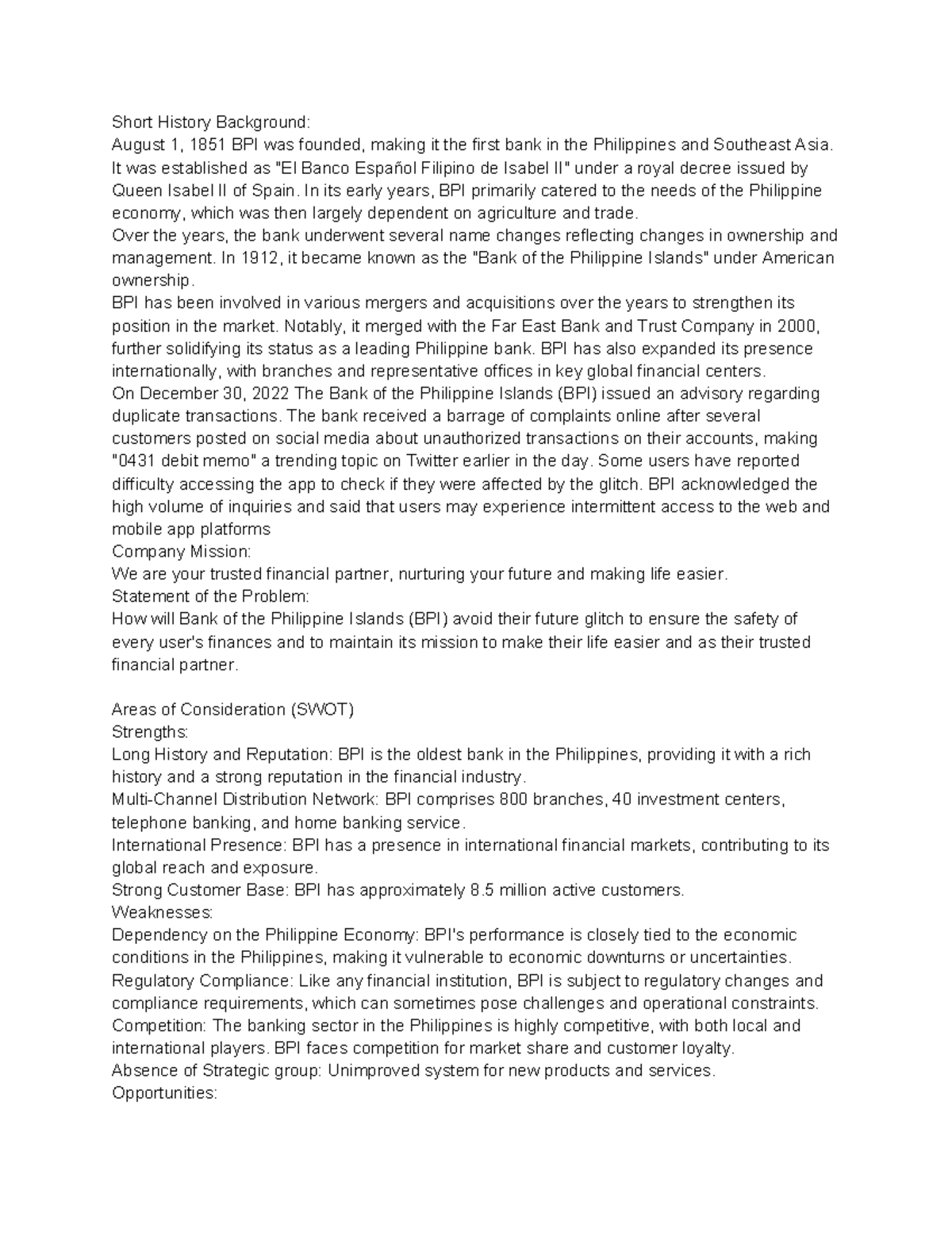 BPI case study - Short History Background: August 1, 1851 BPI was ...