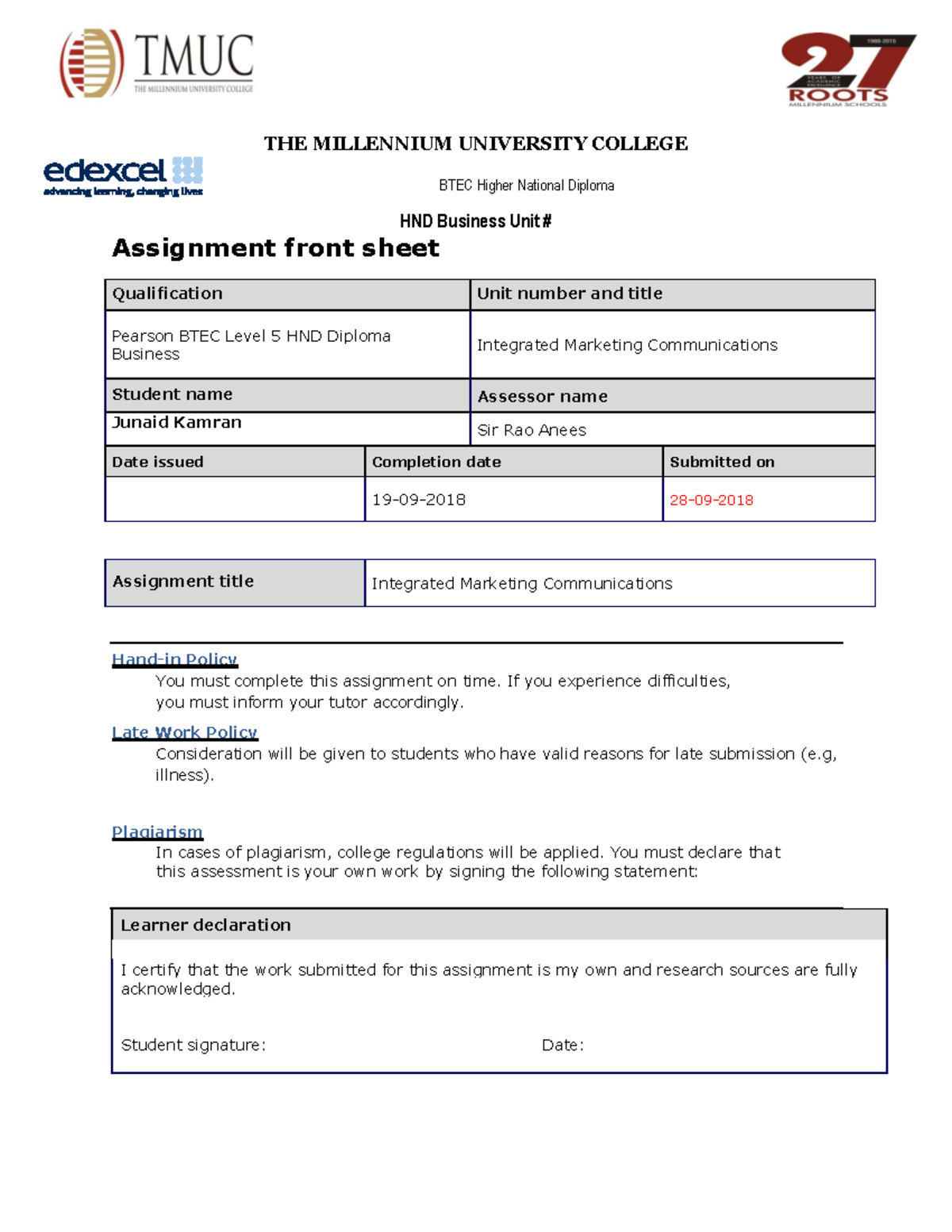 Pdfcoffee - hohho - THE MILLENNIUM UNIVERSITY COLLEGE BTEC Higher National Diploma HND Business ...