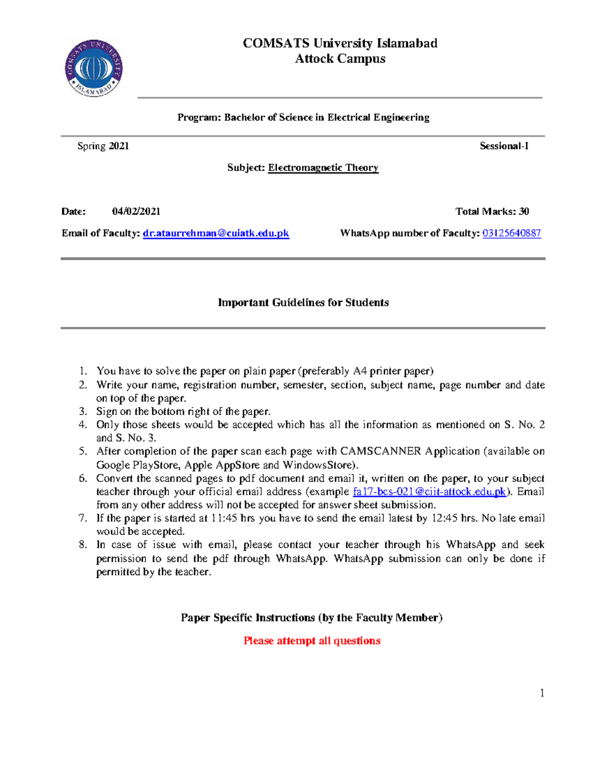 Sessional I - 1 COMSATS University Islamabad Attock Campus Program ...