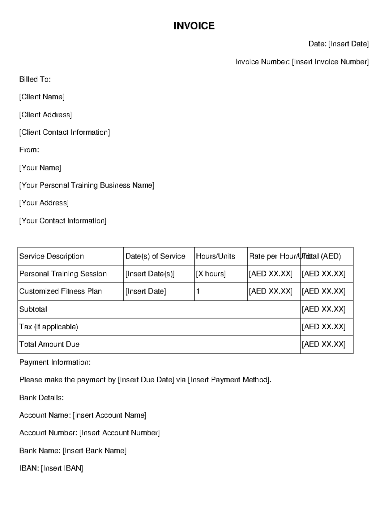 Personal Training Invoice - INVOICE Date: [Insert Date] Invoice Number: [Insert Invoice Number ...