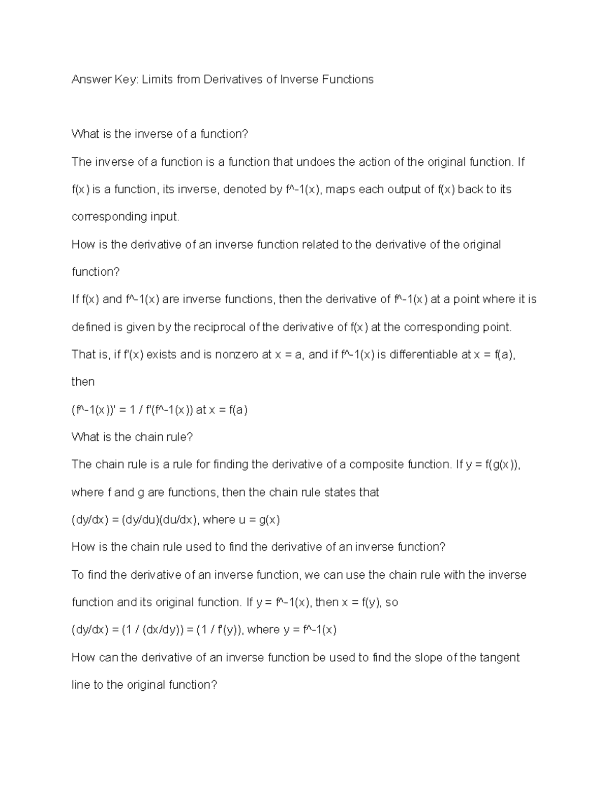 Answer Key Limits from Derivatives of Inverse Functions - If f(x) is a ...