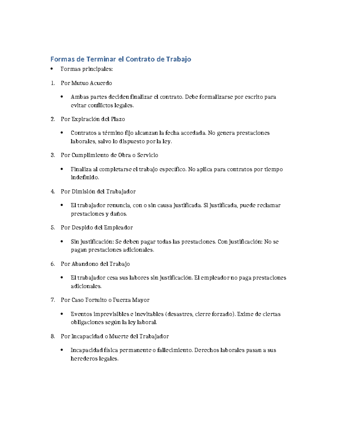 Cuadro Sinoptico Formas de Terminar Contrato - Formas de Terminar el ...