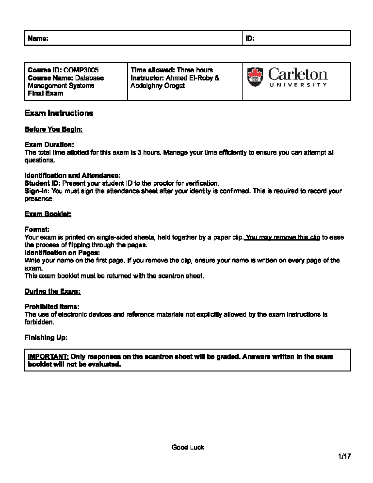 Final Exam Template - Comp 3005 - Studocu