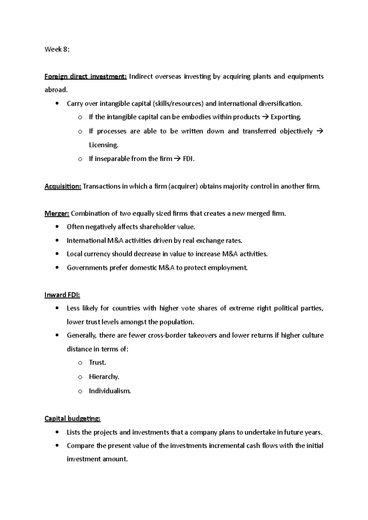 Fins3616 lecture 8 - Notes - Week 8: Foreign direct investment ...