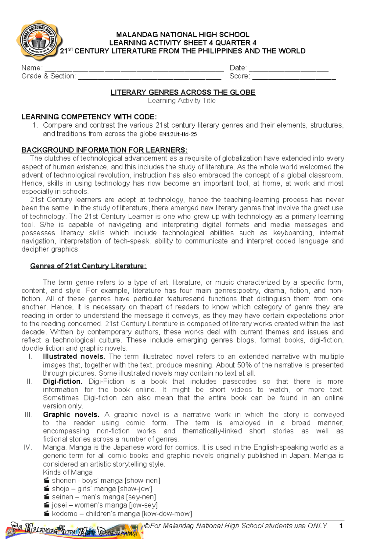 21ST Century LAS 4 Q4 - MALANDAG NATIONAL HIGH SCHOOL LEARNING ACTIVITY ...