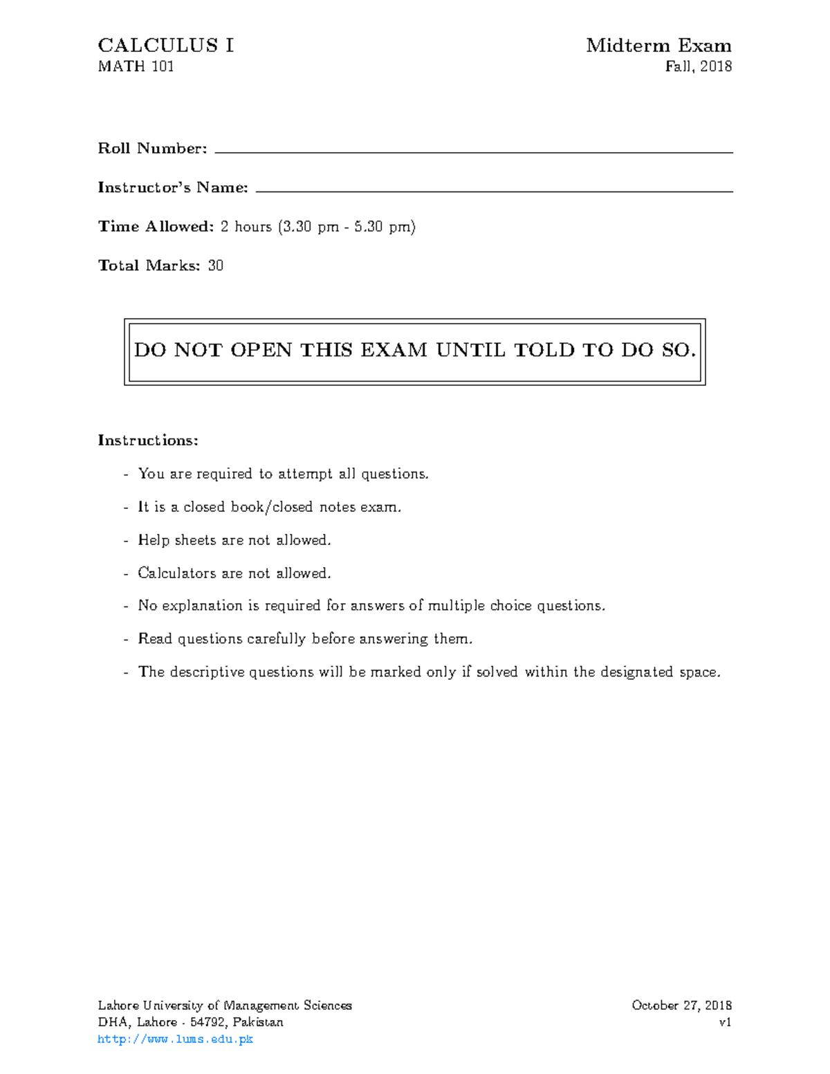 2018 Mid - It is a practice final exam - CALCULUS I MATH 101 Midterm Exam Fall, 2018 Roll Number ...