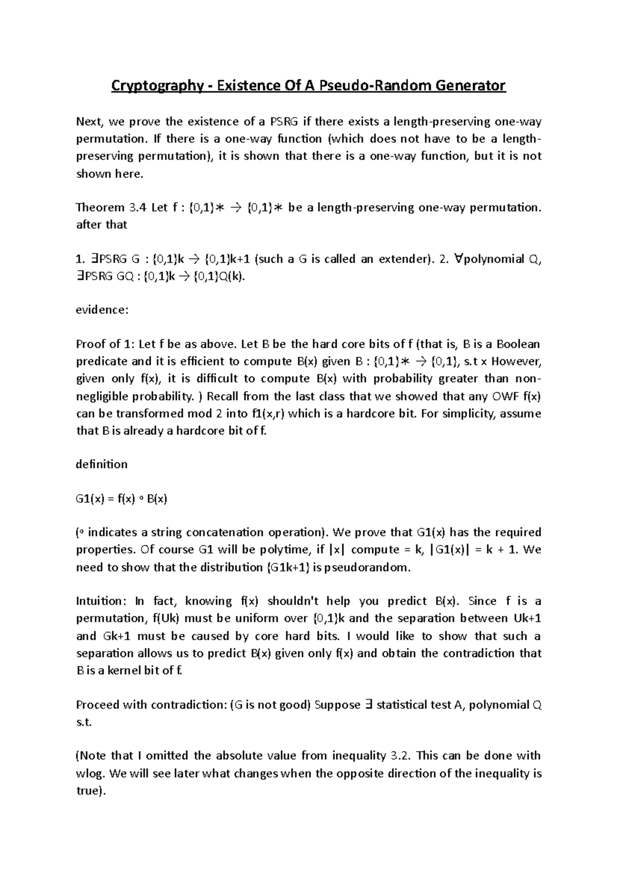 Cryptography Existence Of A Pseudo Random Generator If There Is A One Way Function Which 6751