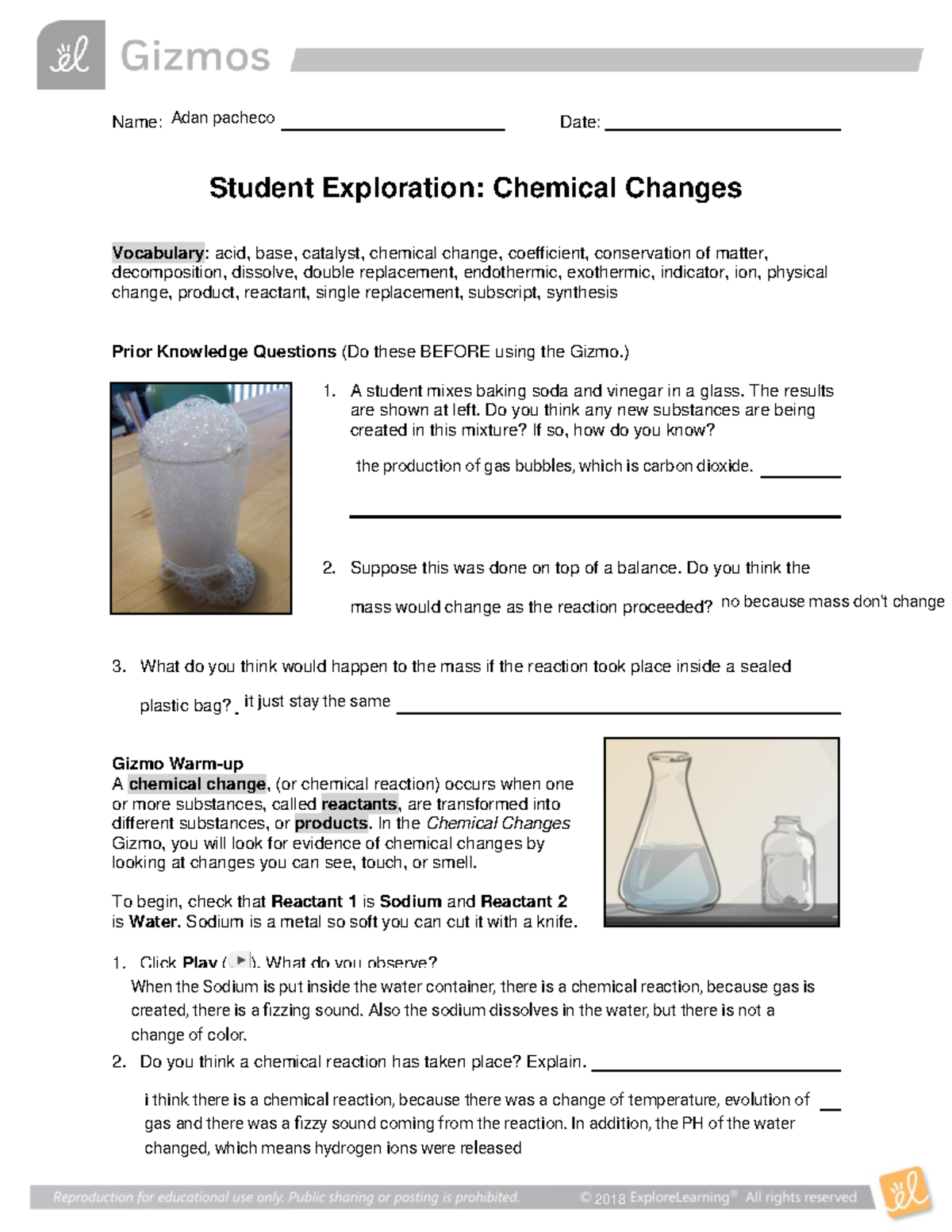 ADAN Pacheco - Chem. Changes Stu. Exploration Sheet - Name: Date ...