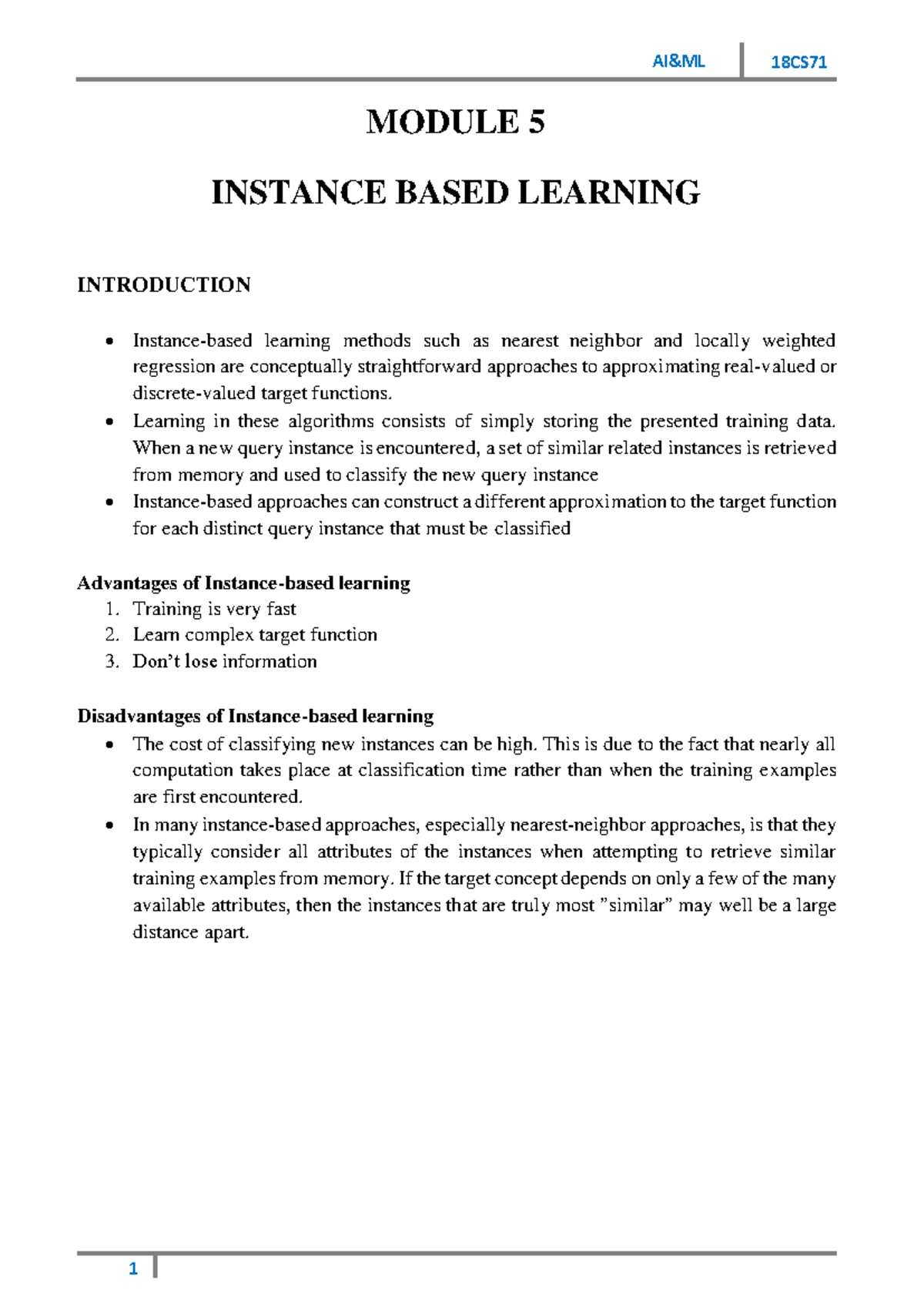 Aiml Module 5 Notes Module 5 Instance Based Learning Introduction