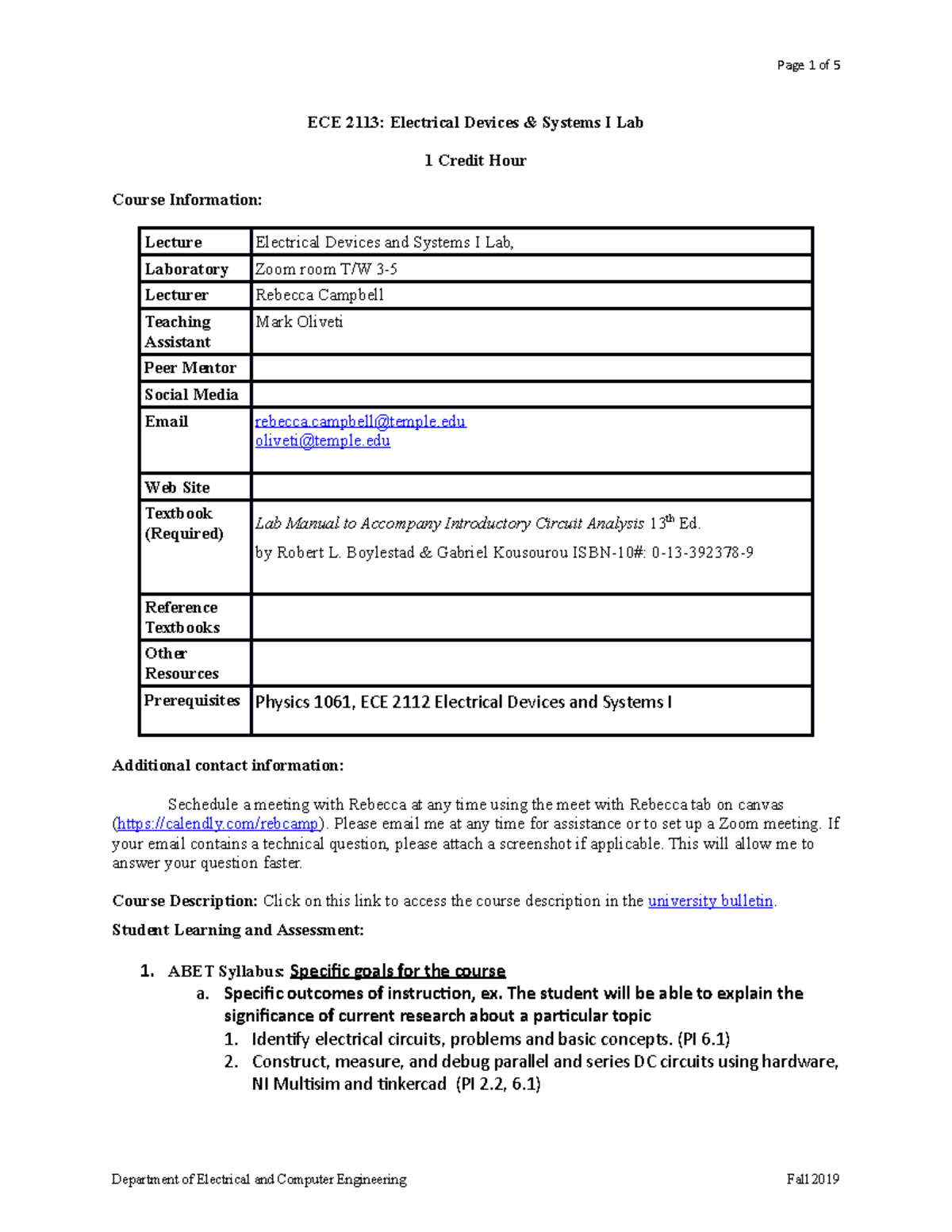 ECE 2113 (Electrical Devices and Systems I Lab) course syllybus ...