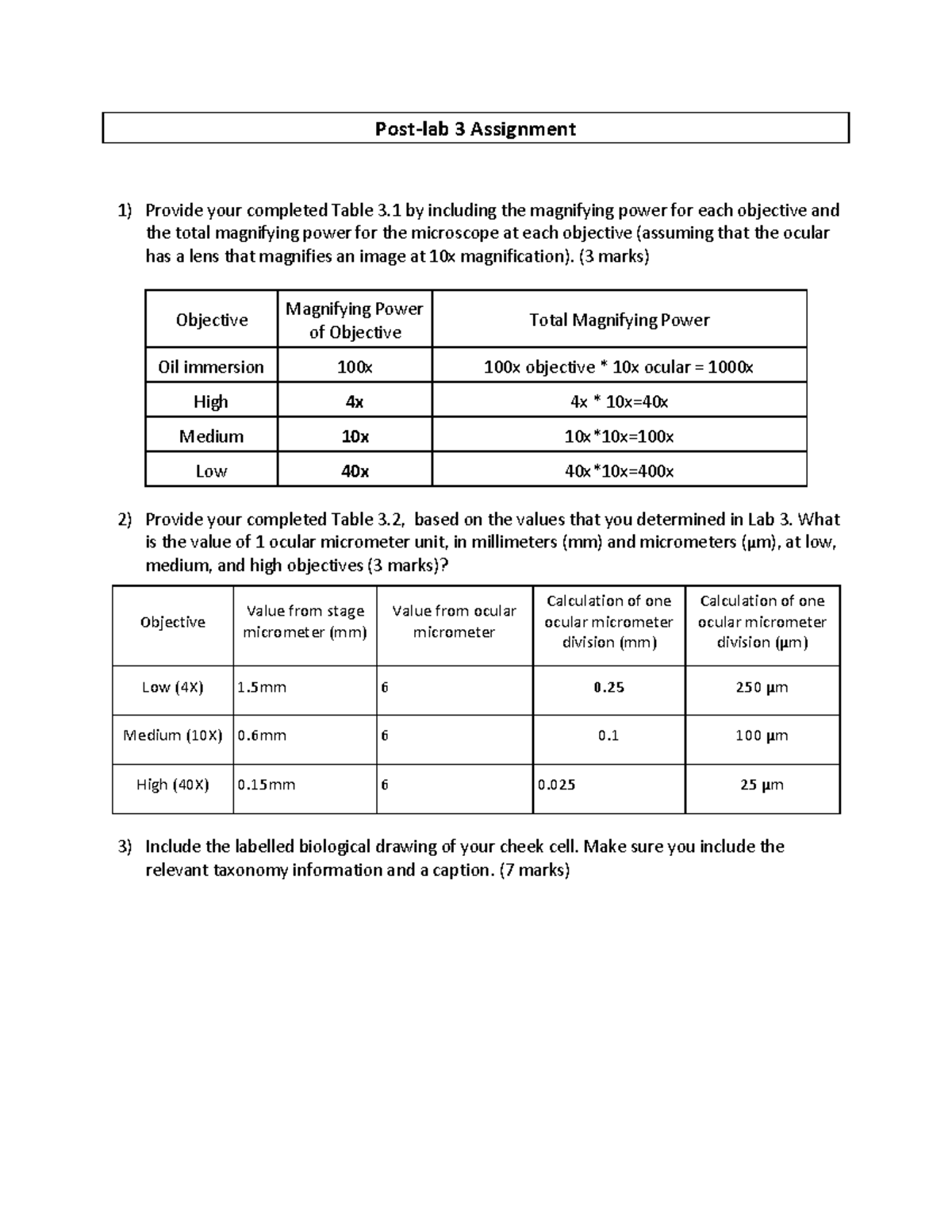 Post-Lab 3 Assignment - mandatory post lab - Post-lab 3 Assignment 1) Provide your completed ...