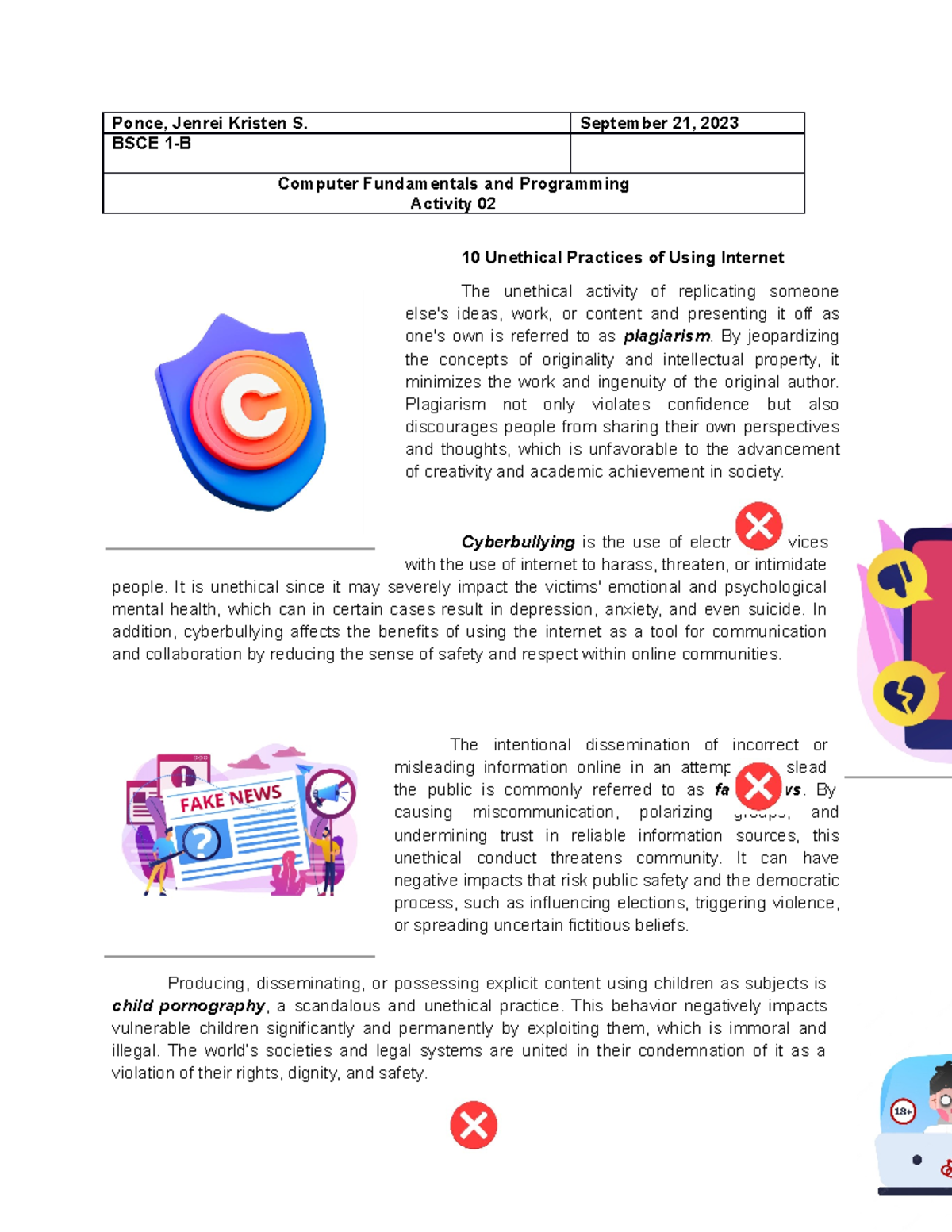 ACT. 2 10 Unethical Practices of Using Internet - Ponce, Jenrei Kristen ...