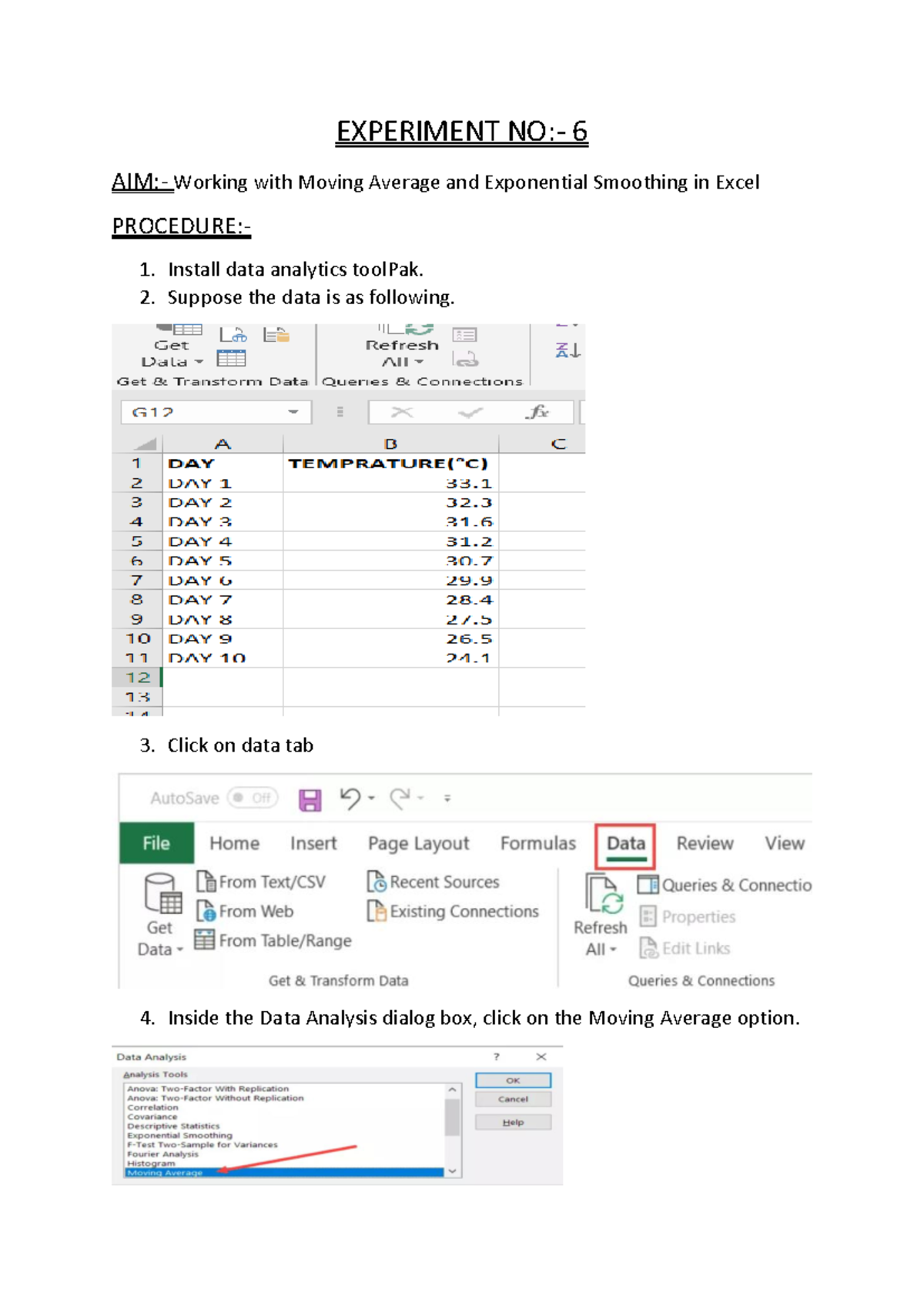Experiment NO 6 - EXPERIMENT NO:- 6 AIM:- Working with Moving Average and Exponential Smoothing ...